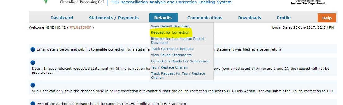 How to correct a PAN NO. detail in TDS Challan - CA Website
